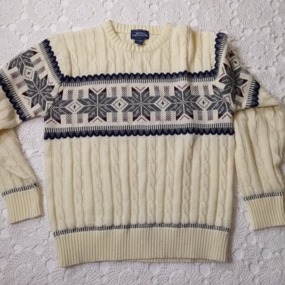 Vintage | Sweaters | Vtg Y2k Sweater Pullover Ivory Navy Blue Snowflake ...